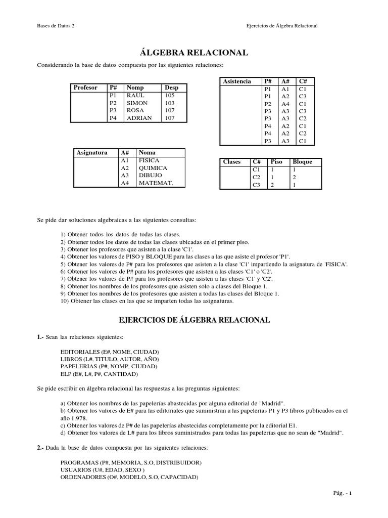 Ejercicios de Álgebra Relacional | PDF | Base de datos relacional | Bases de datos