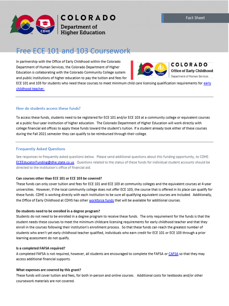 ECE 101 - 103 Fact Sheet v7 | PDF | Tuition Payments | Early Childhood ...