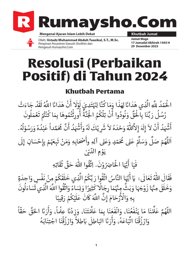 Khutbah Jumat Resolusi Perubahan Positif Di Tahun 2024 Rumaysho | PDF