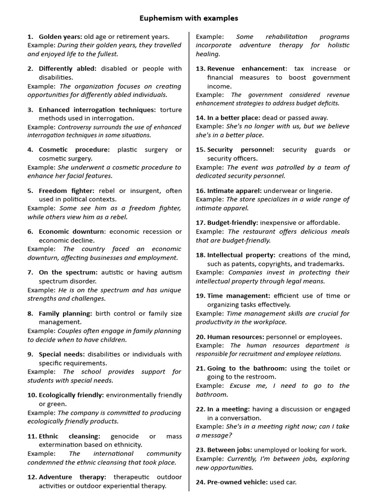 Euphemism Examples Handout | PDF | Career & Growth | Self-Improvement