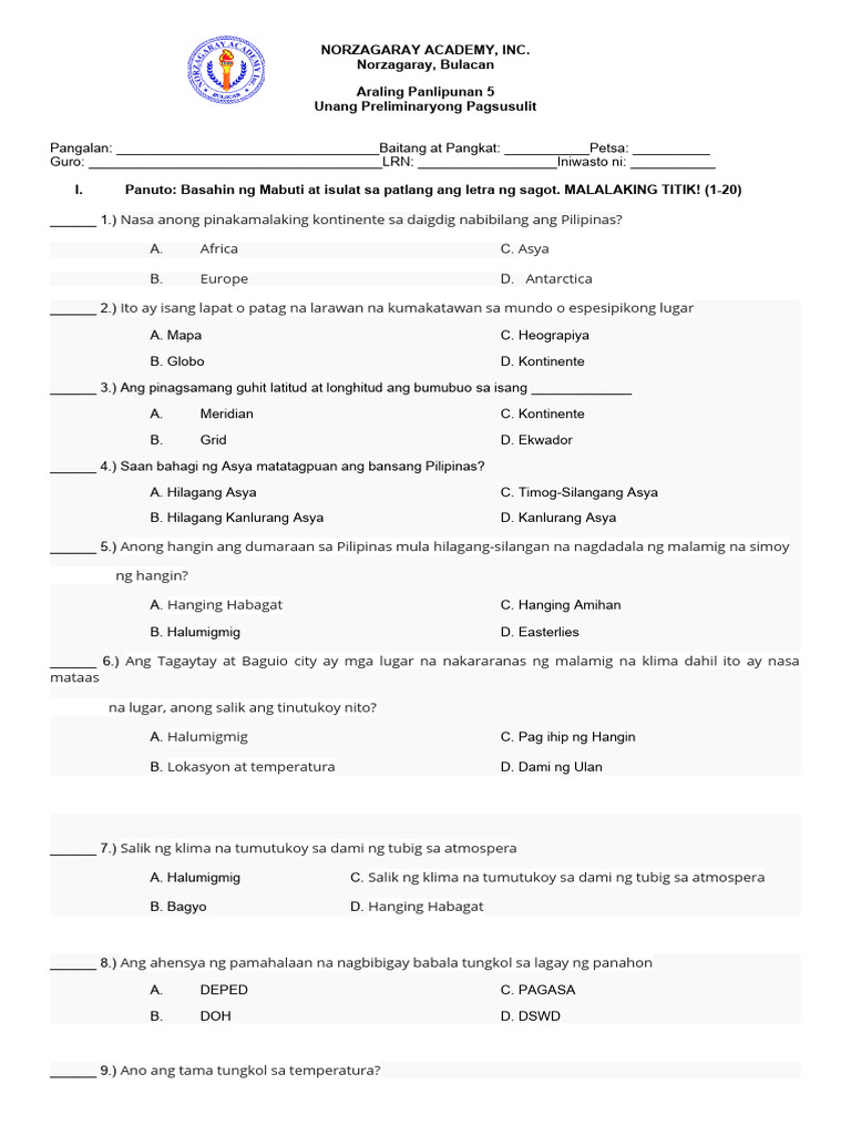 Ap 5 1ST Preliminary | PDF