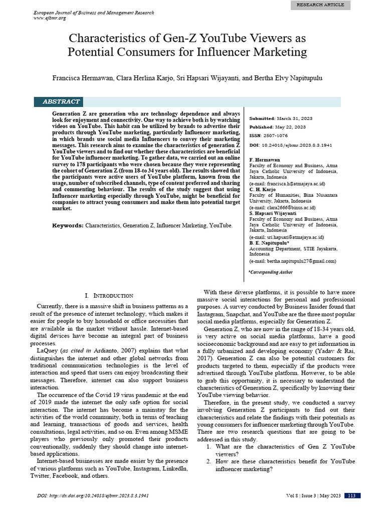 Characteristics of Gen-Z YouTube Viewers Aspotential Consumers For ...