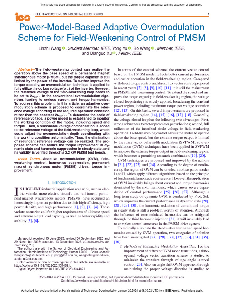 Power-Model-Based Adaptive Overmodulation Scheme For Field-Weakening Control of PMSM | PDF ...