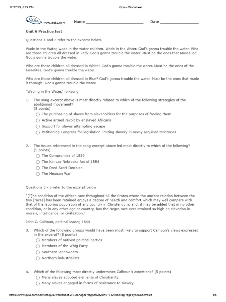 Quia - Worksheet6 | PDF | Slavery In The United States | Abolitionism ...