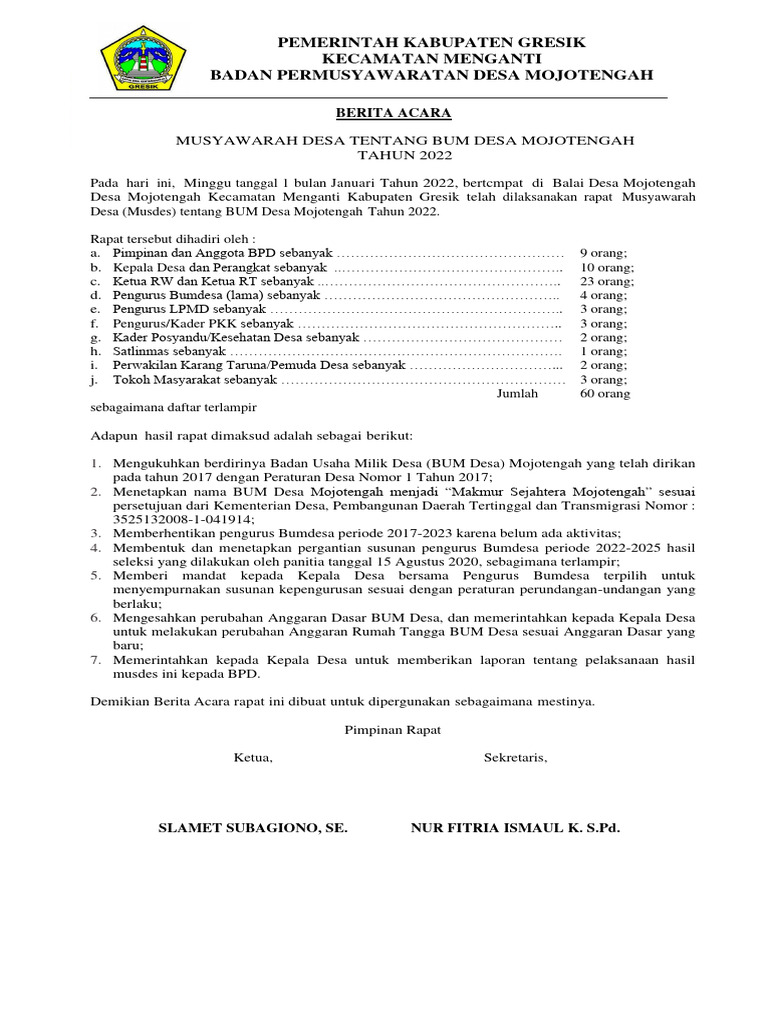 BERITA ACARA MUSDES BPD 2020 EDIT Pasca Verifikasi Kemendes | PDF