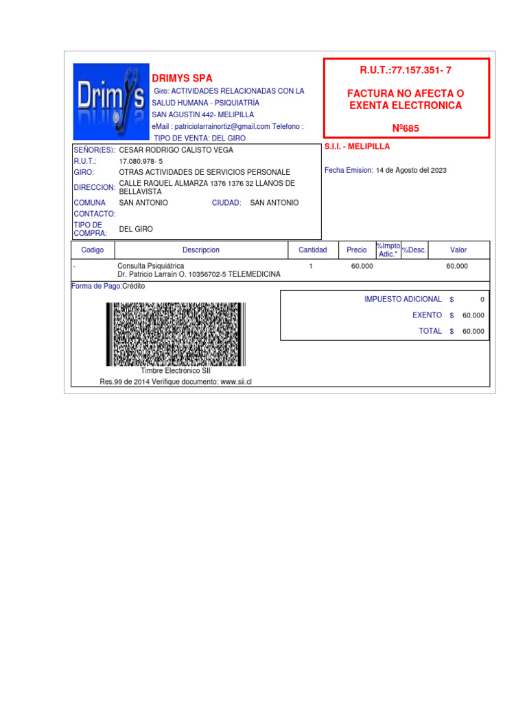 Drimys Spa R.U.T.:77.157.351-7 Factura No Afecta O Exenta Electronica ...