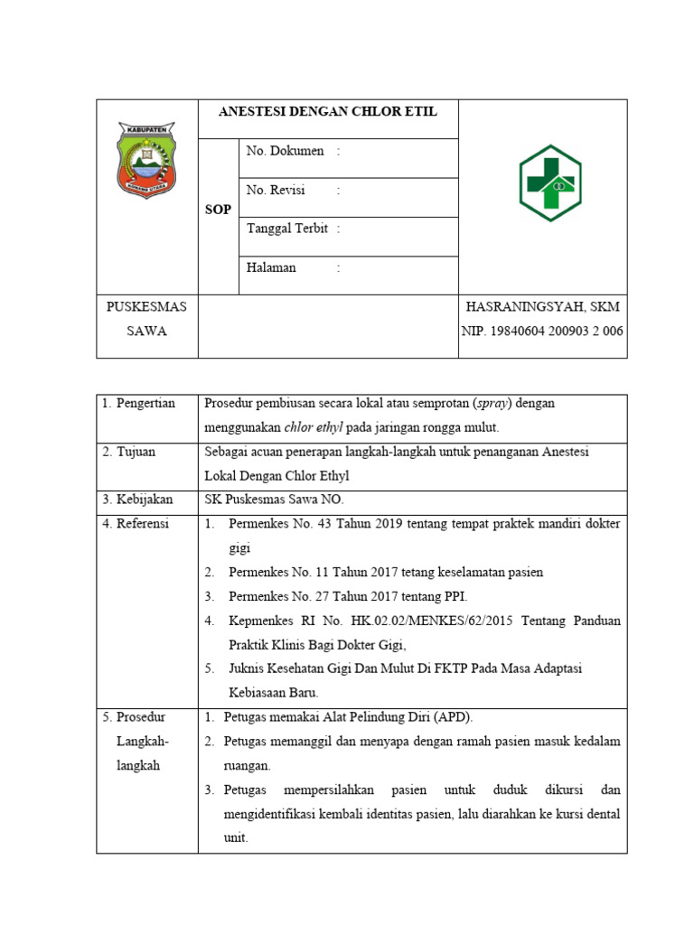 Sop Anestesi Dengan Chlor Etil | PDF