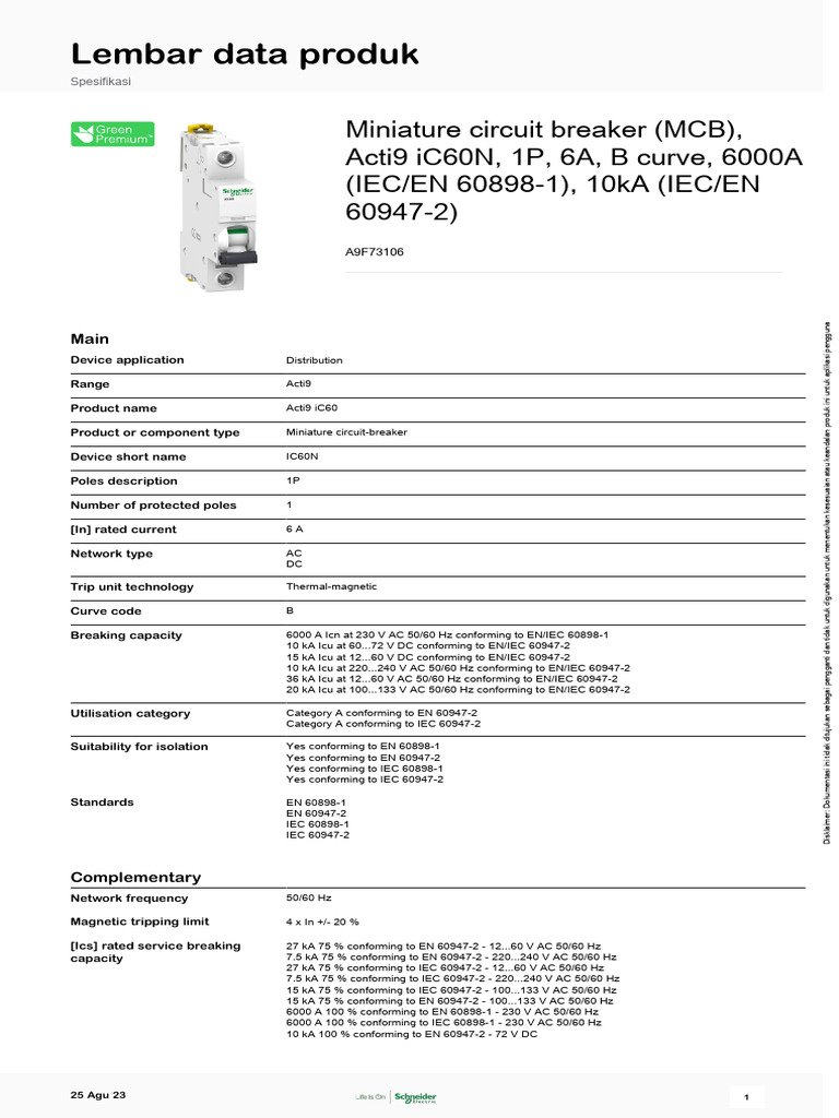 MCB For Protection - Acti9 IC60 - A9F73106 | PDF | Alternating Current | Electrical Engineering