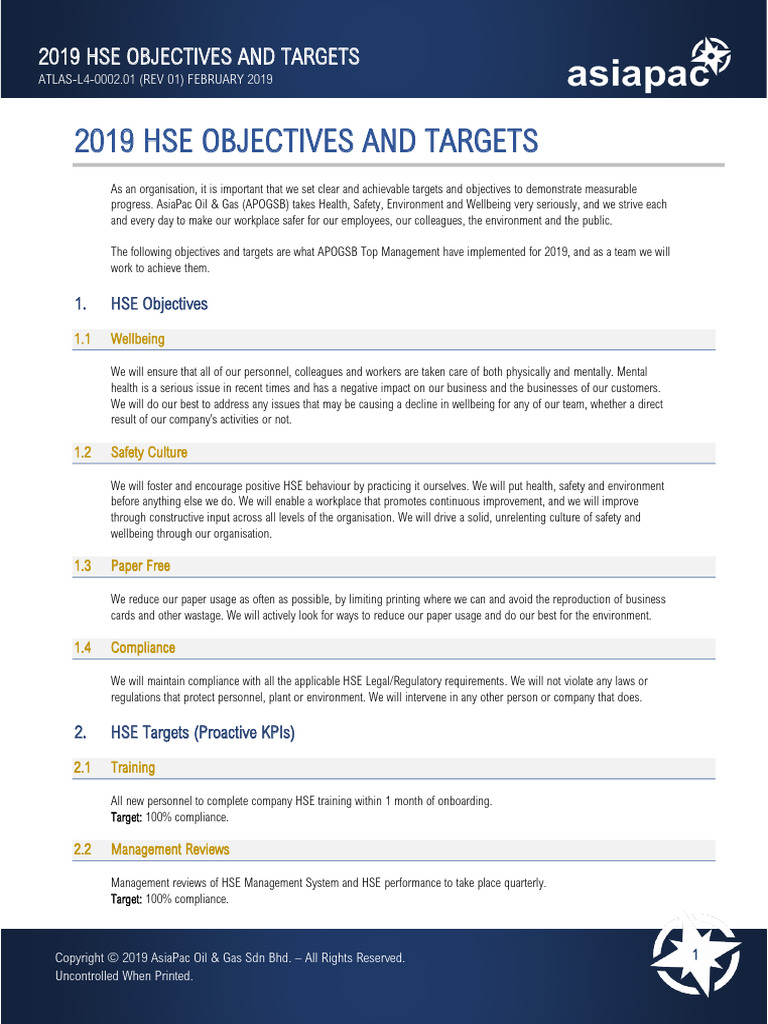 2019 HSE Objectives and Targets | PDF | Safety | Regulatory Compliance