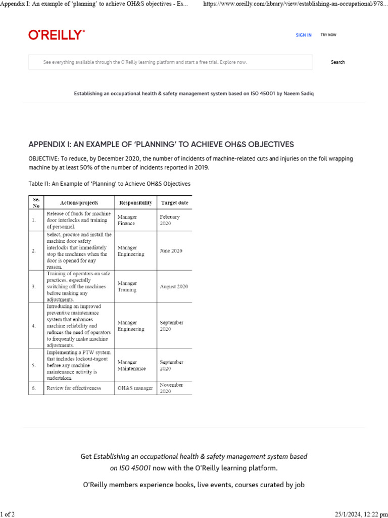 Appendix I: An Example of Planning' To Achieve Oh&S Objectives | PDF | O'reilly Media | Computing