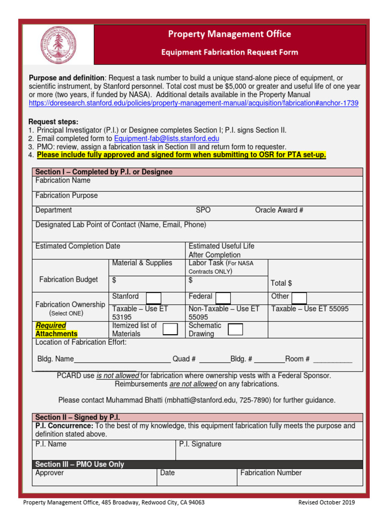 Stanford Equipment Fabrication Request Form | PDF | Government