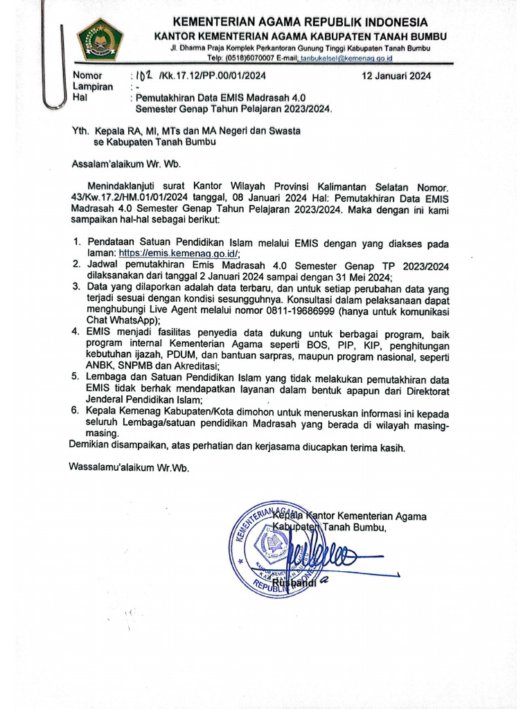 Pemutakhiran Data EMIS Madrasah 4.0 Semester Genap 2023-2024 | PDF