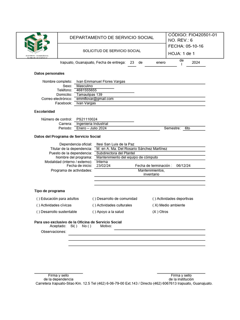 FIO420501-01 Solicitud de Servicio Social Ivan Emmanuel | PDF