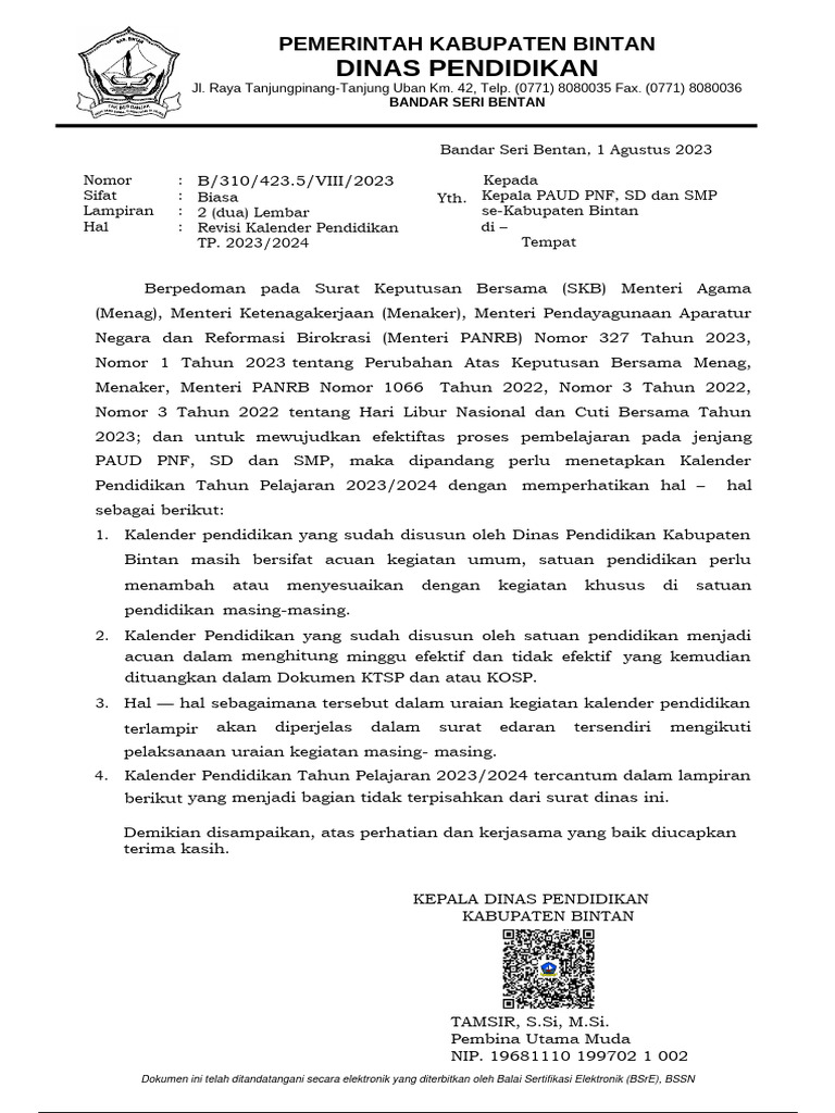 Revisi Kalender Pendidikan Bintan 2023/2024 | PDF
