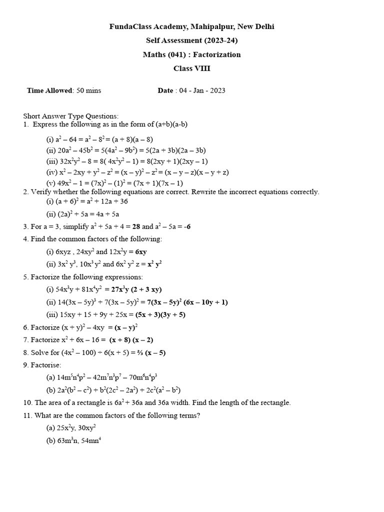 Class 08 - Maths - Factorization - Assignment | PDF
