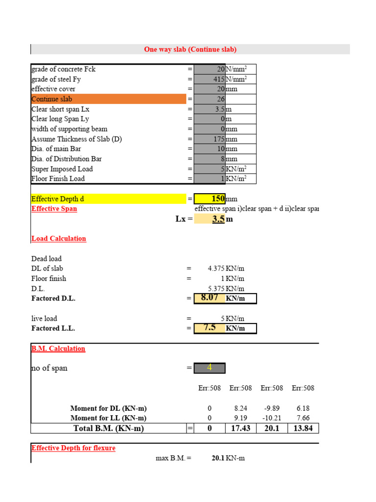 One Way Continue Slab Design by Excel 9rgjdl | PDF