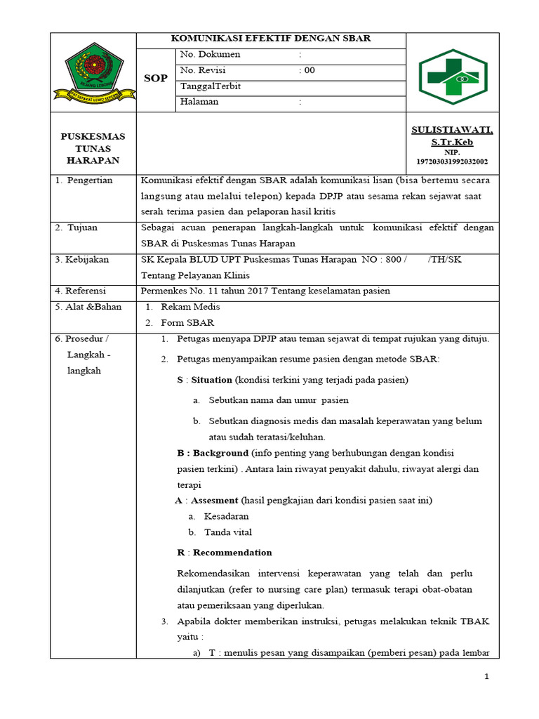 SOP Komunikasi SBAR | PDF