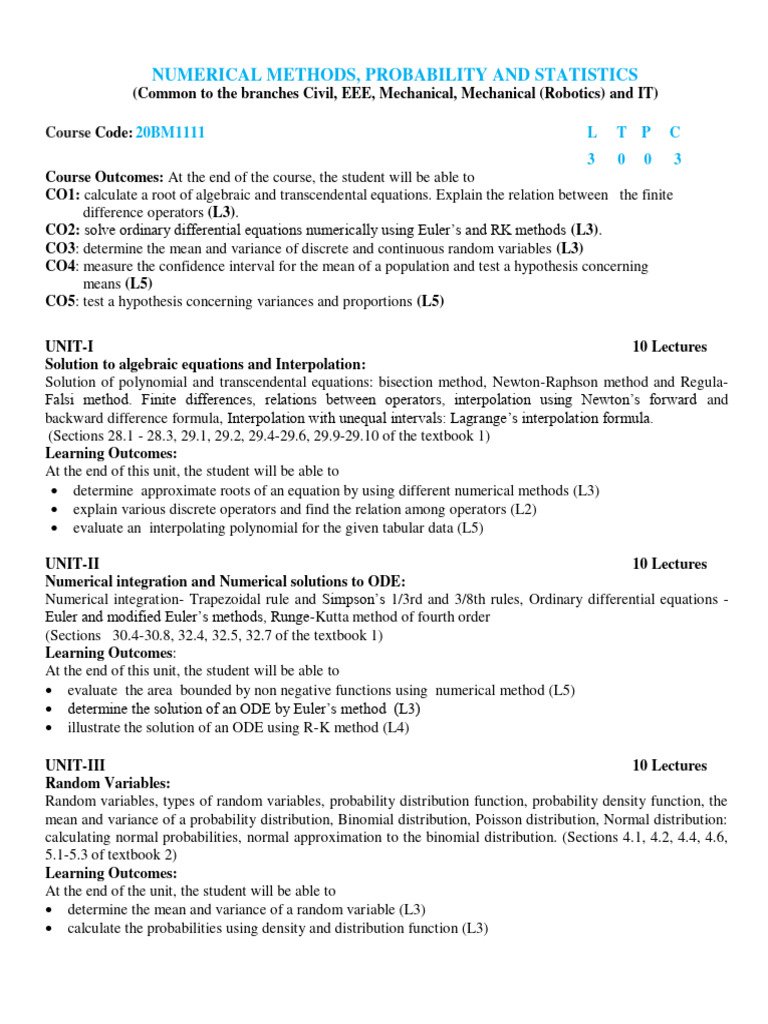 Numerical Methods, Probability and Statistics-20bm1111 | PDF | Probability Distribution ...