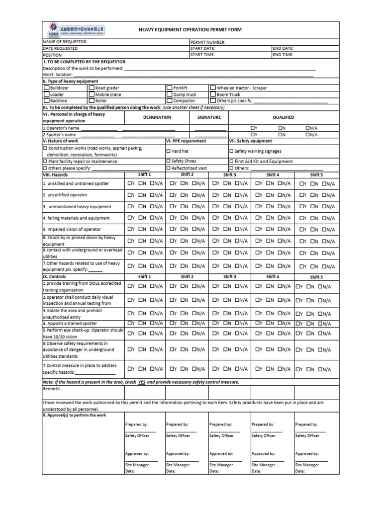 Heavy Equipment Operation Permit Form | PDF | Heavy Equipment ...