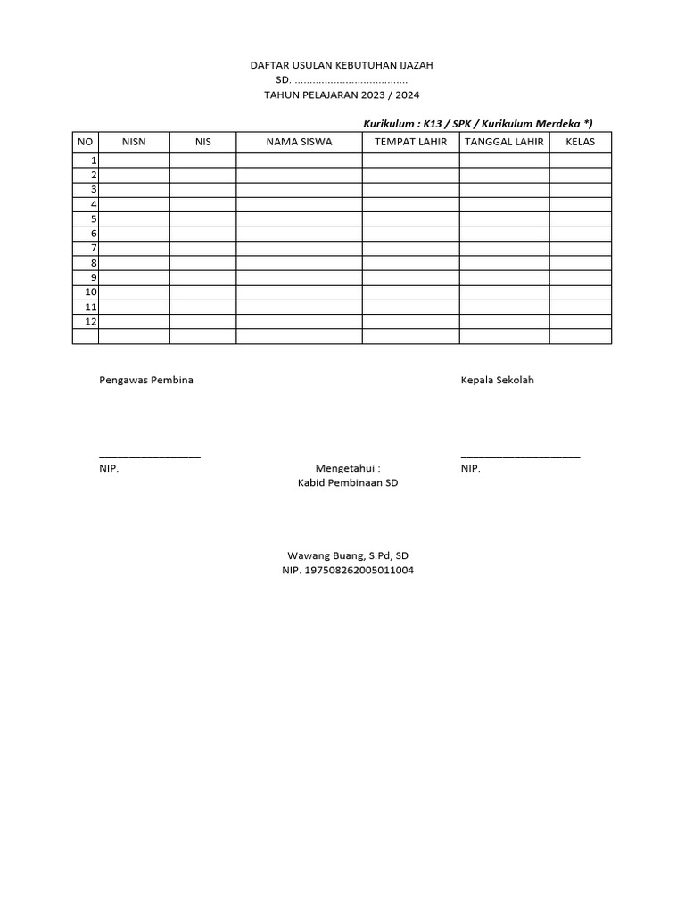 Format Usulan Ijazah SD 2023.2024 | PDF