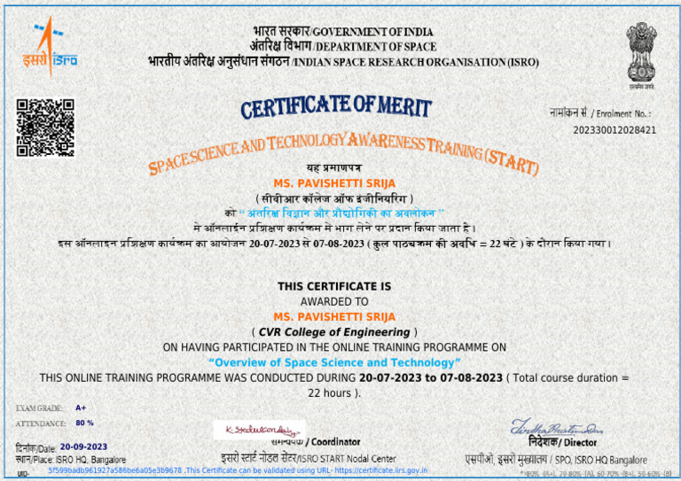 ISRO MERIT Certificate | PDF