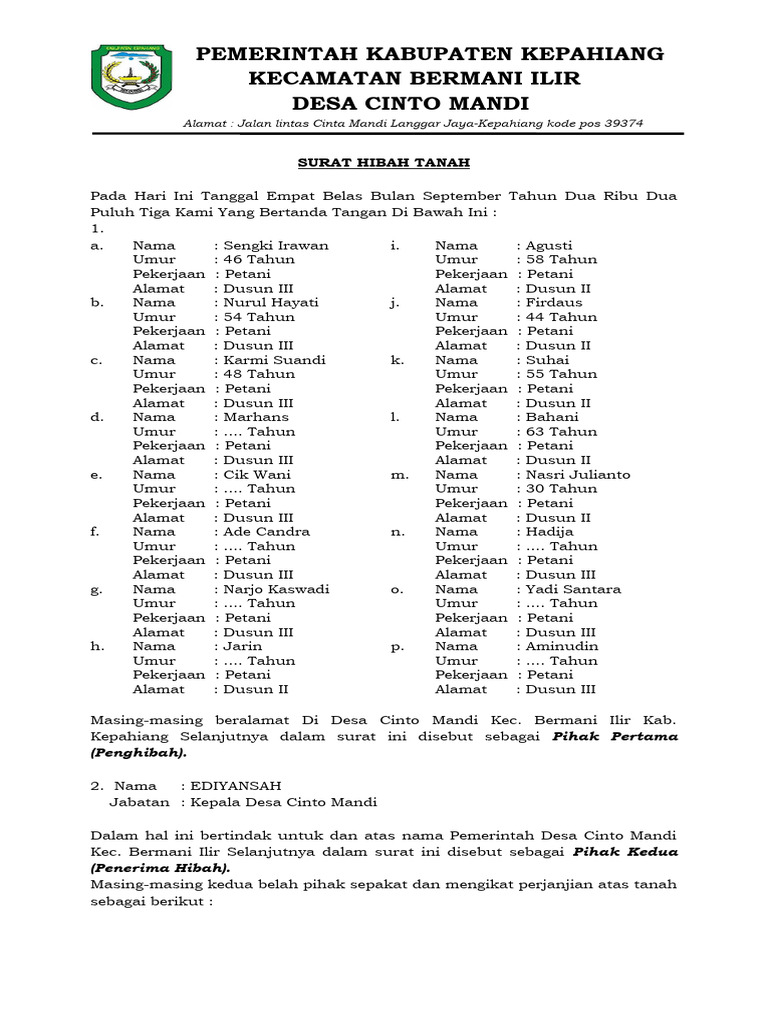 Surat Hibah Tanah Desa Cinto Mandi | PDF | Politik