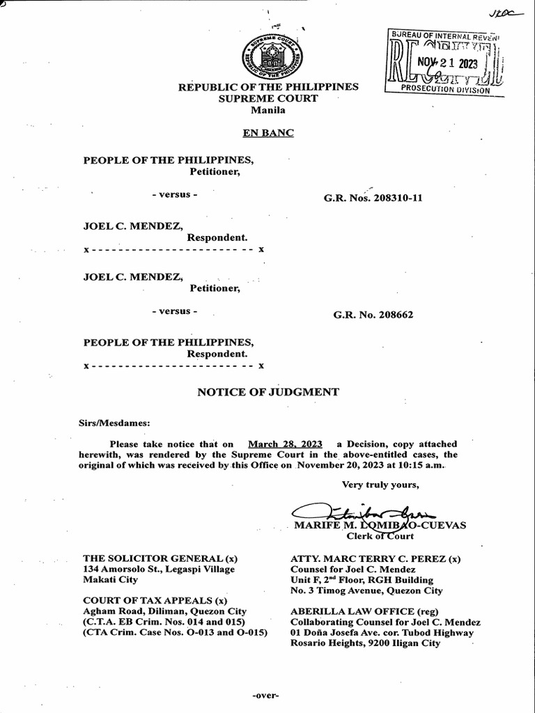 (PP V Joel C. Mendez) Notice of Judgement | PDF
