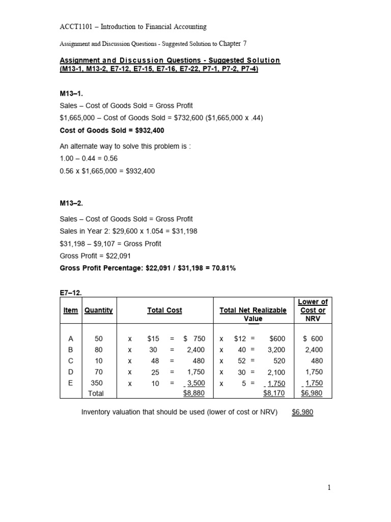 ACCT1101 - Solution - Chapter 07 | PDF | Cost Of Goods Sold | Money