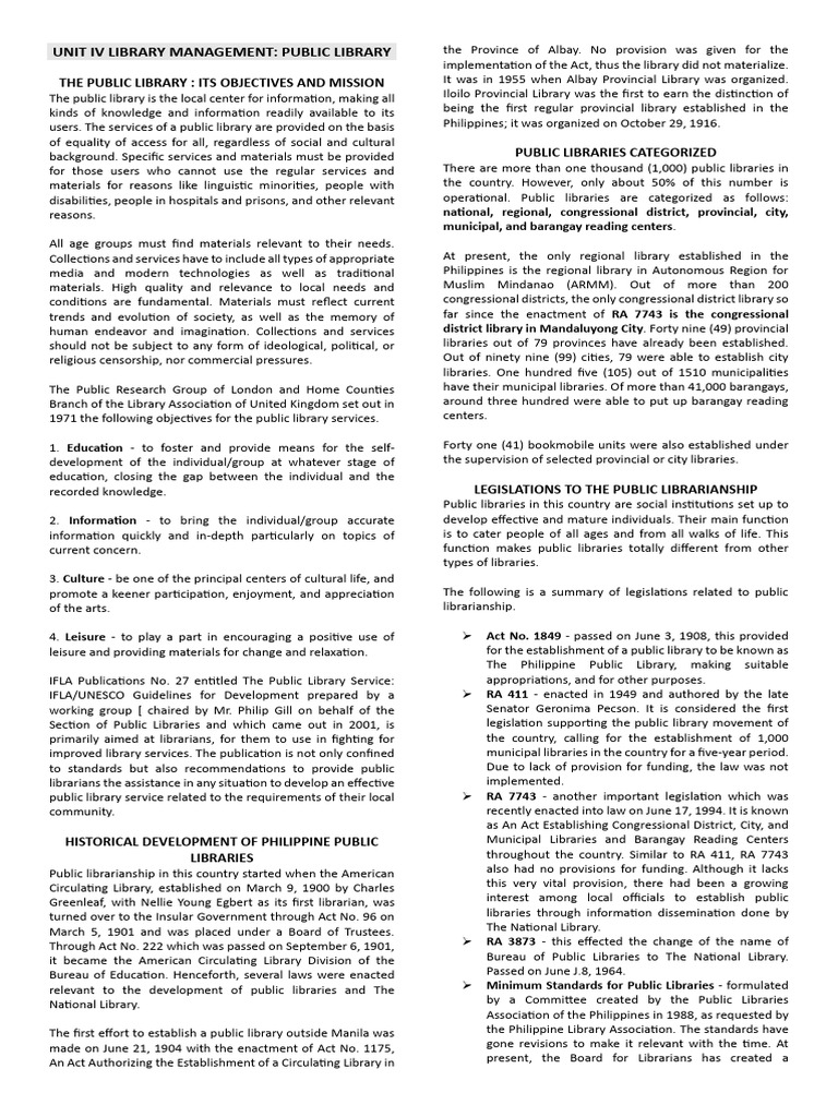 Lis 318 - Unit Iv Library Management - Public Library | PDF | Libraries | Librarian