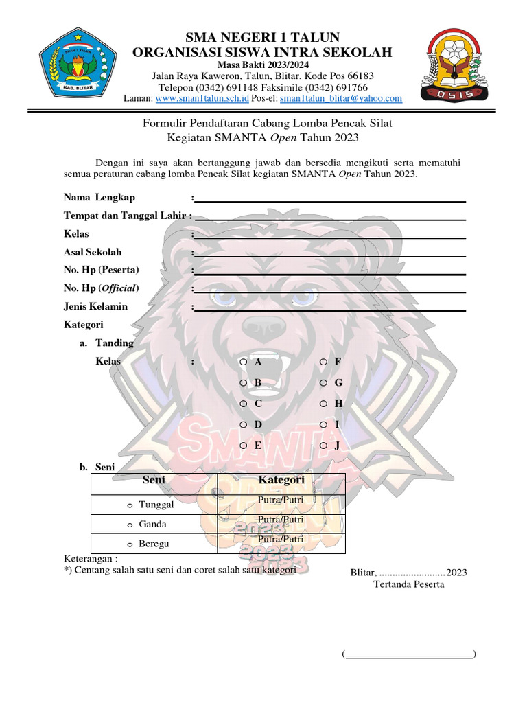 Formulir Pendaftaran Cabor Pencak Silat SMANTA Open 2023 | PDF