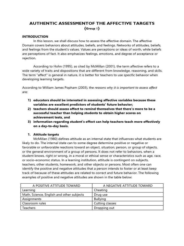 g1 - AUTHENTIC ASSESSMENTOF THE AFFECTIVE TARGETS | PDF