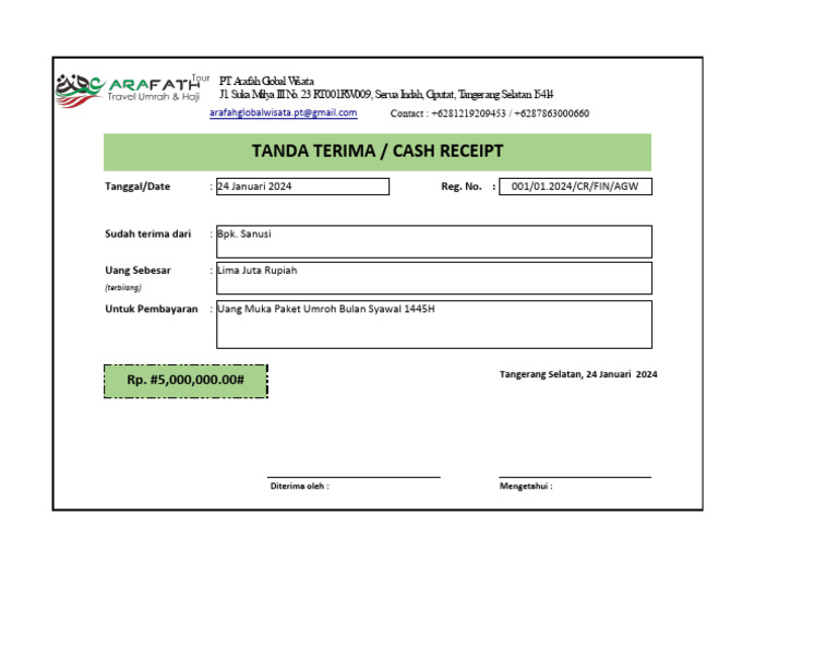 Tanda Terima Uang Cash Receipt | PDF