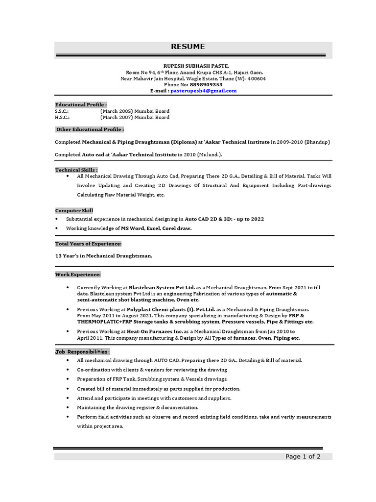 Mechanical Draughtsman Resume | PDF | Technical Drawing | Engineering