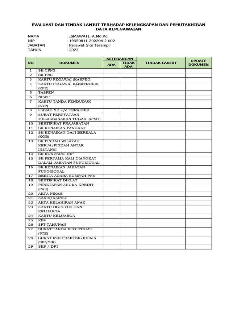 Ceklist Dokumen Pegawai | PDF