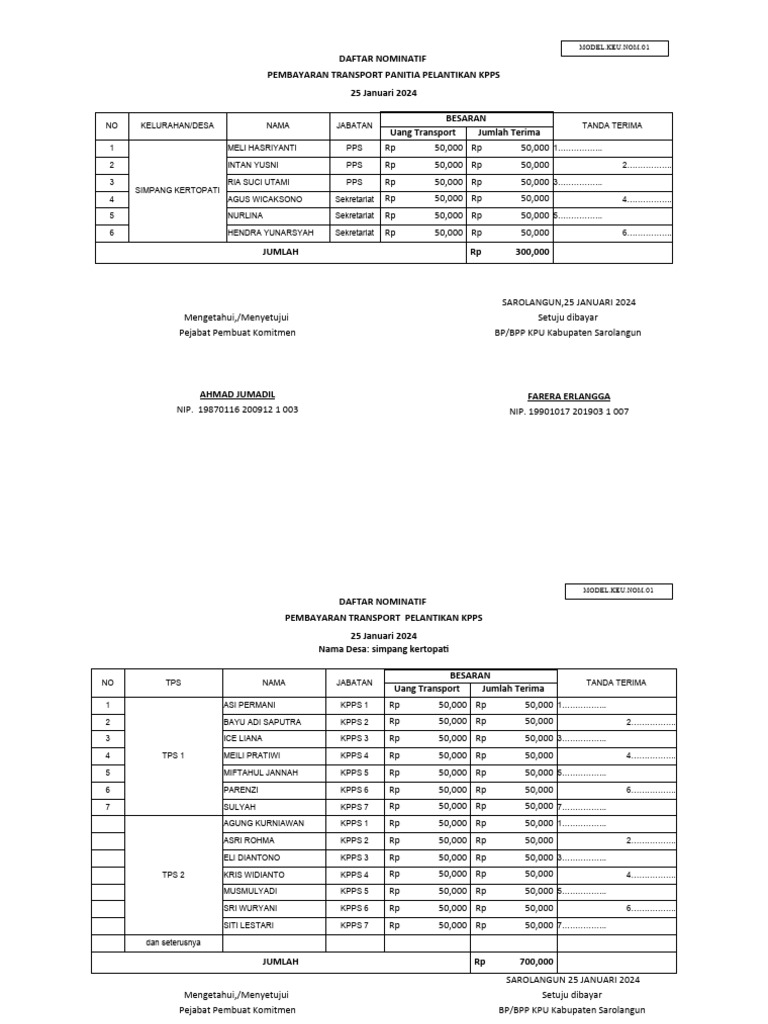 Tanda Terima Pembayaran Transport KPPS | PDF