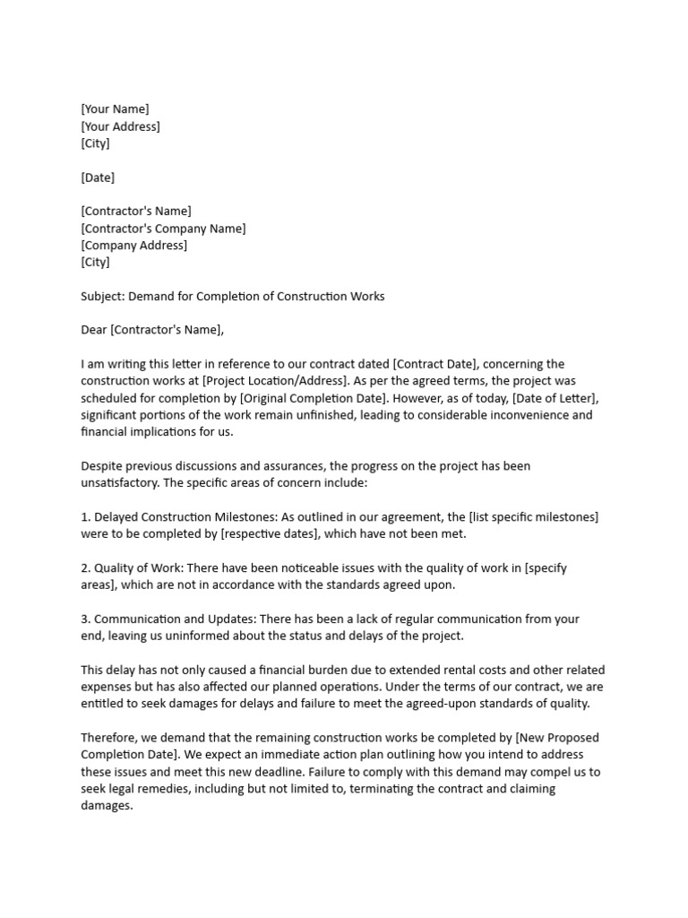 Demand Letter for Completion of Construction Works | PDF