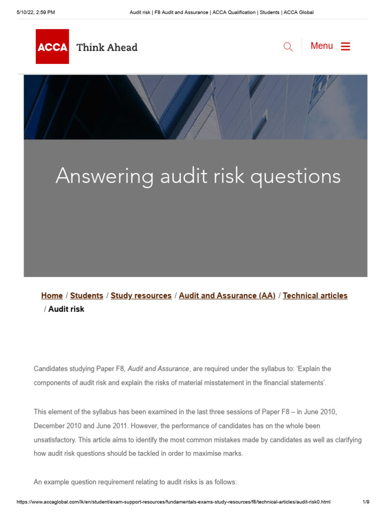 Audit Risk - F8 Audit and Assurance - ACCA | PDF