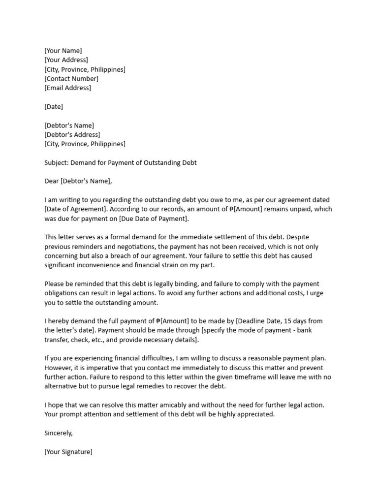 Demand Letter For Payment of Outstanding Debt | PDF