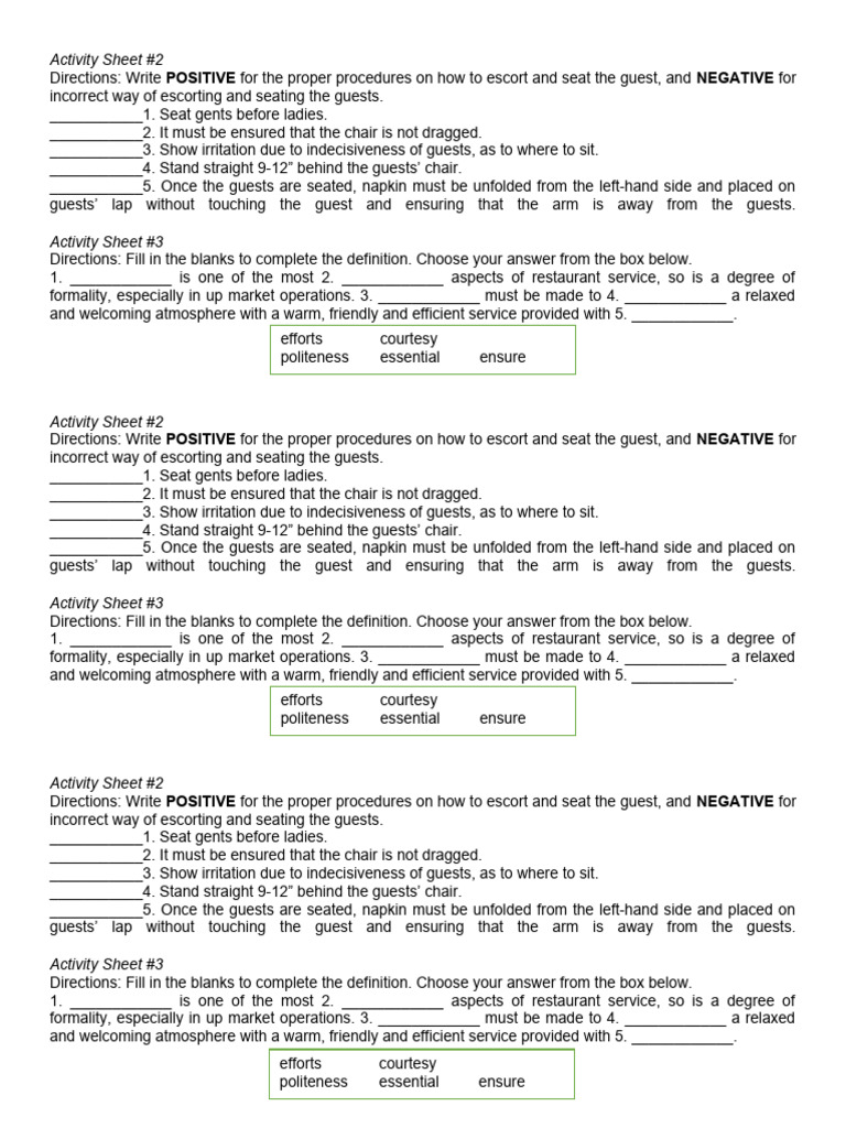 Activity Sheet 2-3 Escorting and Seating The Guest | PDF