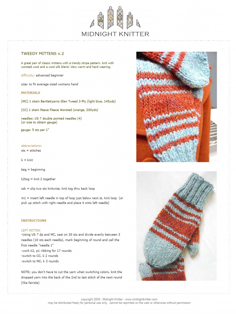 Tweedy Mittens Midnight Knitter | PDF | Knitting | Gauge (Knitting)