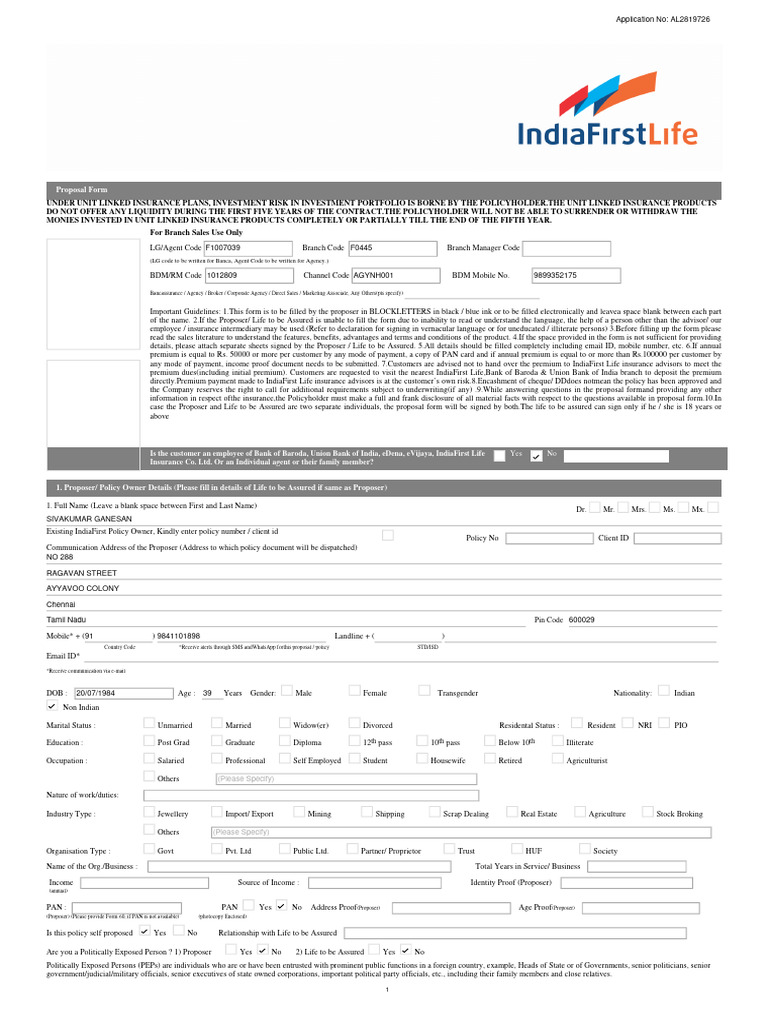 Application Formate | Download Free PDF | Insurance | Life Insurance