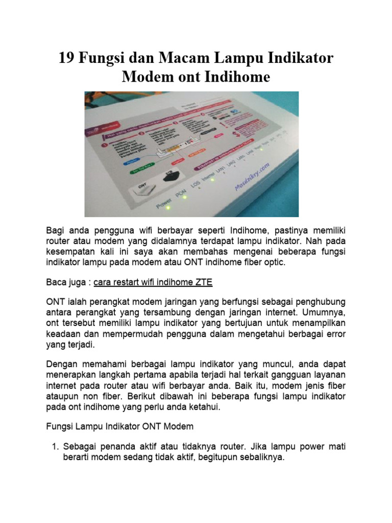 Fungsi dan Macam Lampu Indikator Modem ont Indihome | PDF
