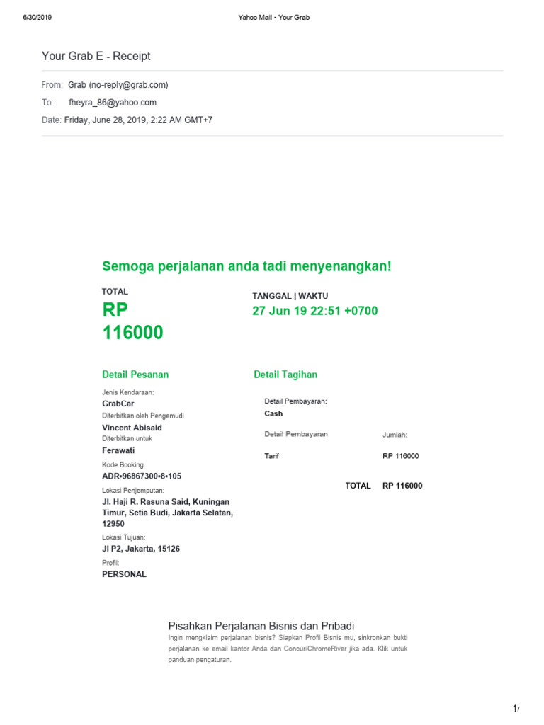 Your Grab E Receipt From Grab No Semoga | PDF
