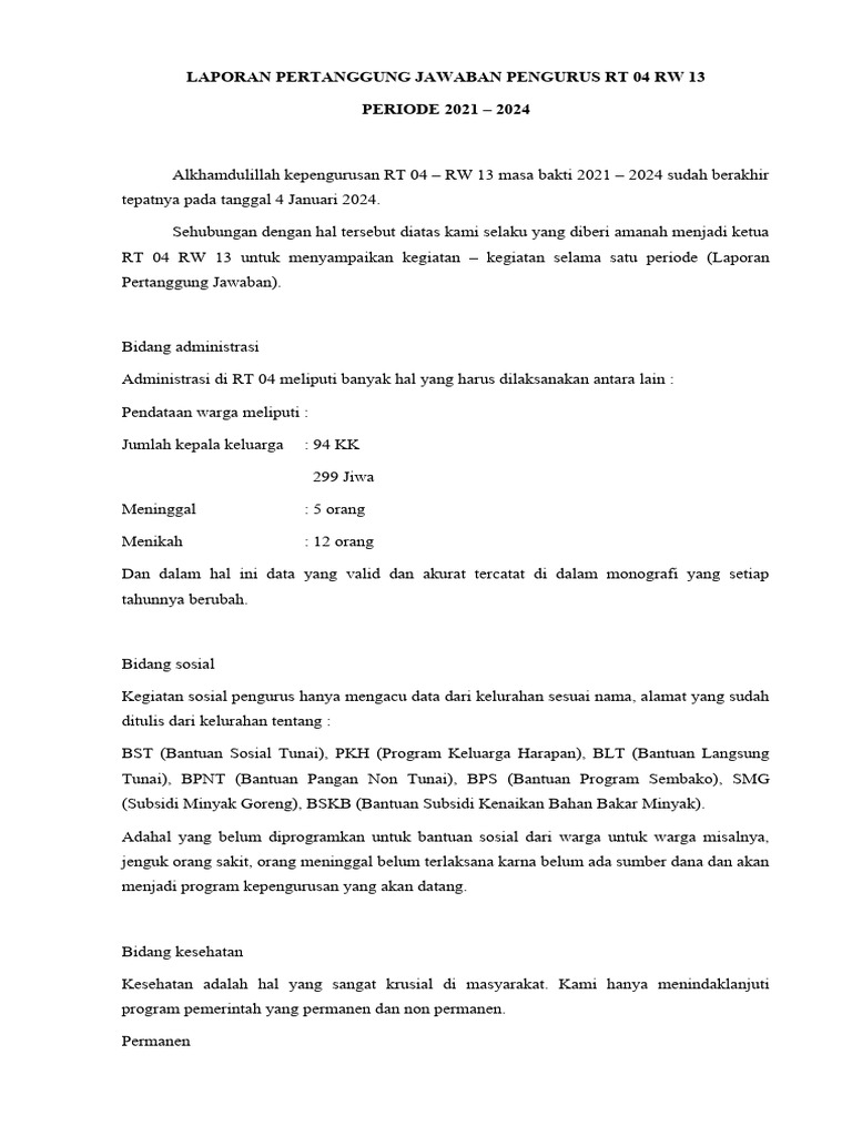 Laporan Pertanggung Jawaban Pengurus RT 04 RW 13 | PDF