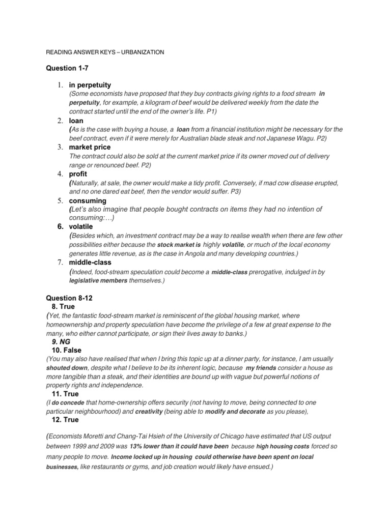 Reading Practice. Urbanization. Keys | PDF | Speculation | Market ...