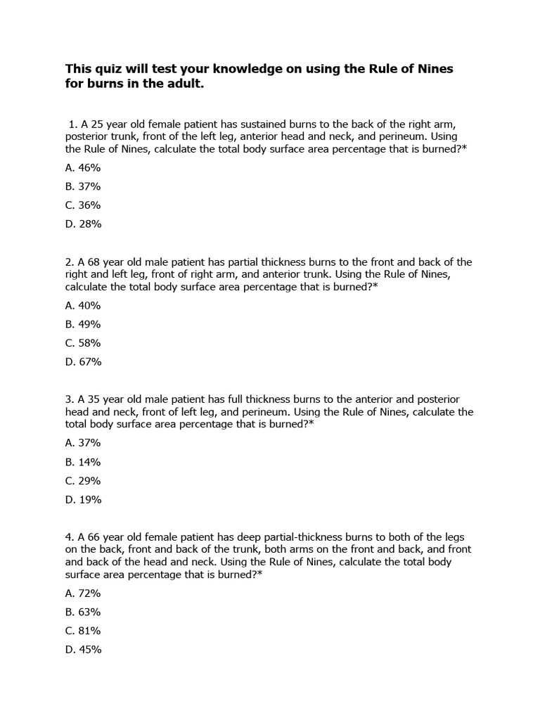 Quiz Rule of Nine and Parkland Formula | PDF | Burn | Anatomical Terms ...