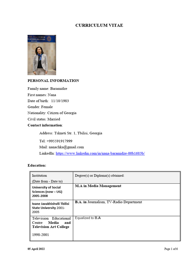 English CV Nana Baramidze | PDF | Georgia (Country) | Human Communication