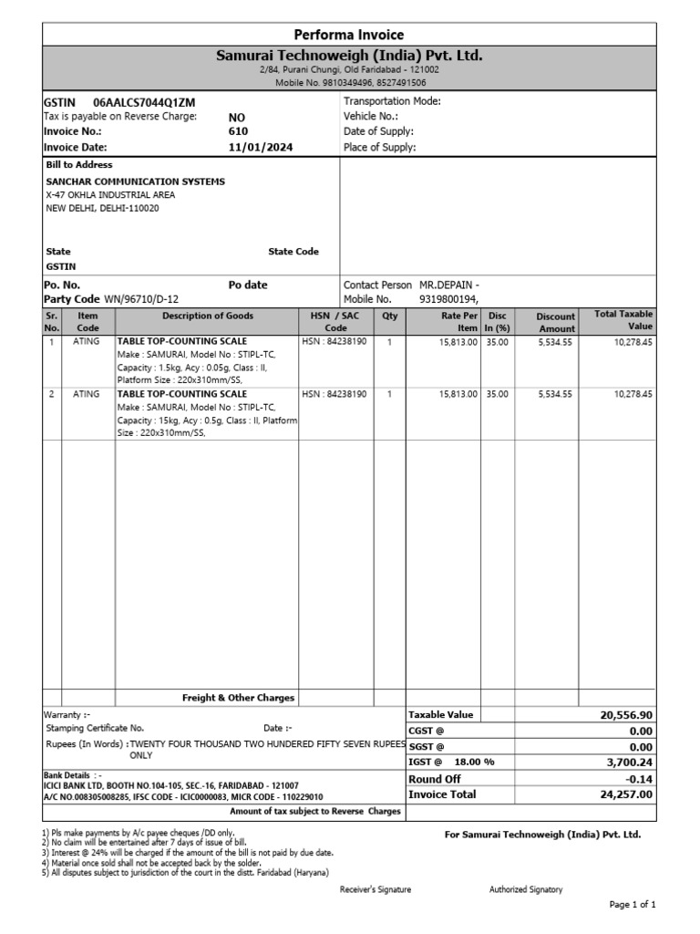 Sanchar Communication P.I Scale | PDF | Cheque | Payments