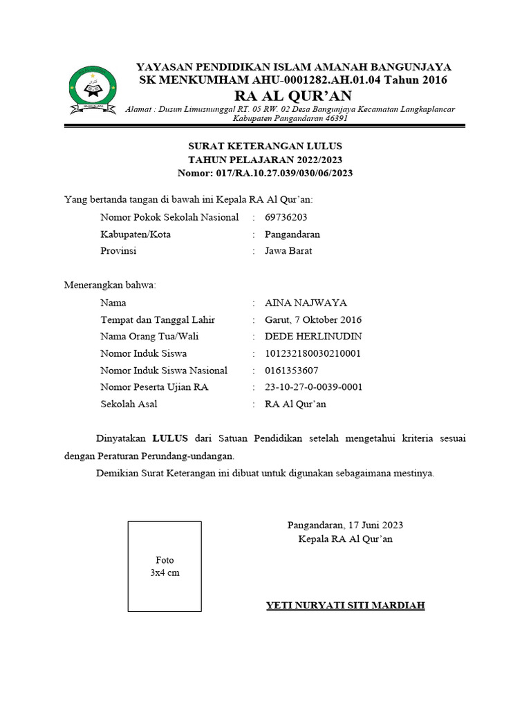 Surat Keterangan Kelulusan Ra | PDF