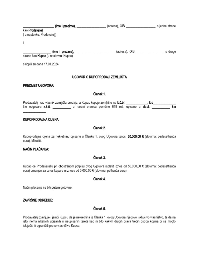 Kupoprodajni Ugovor Za Zemljište | PDF